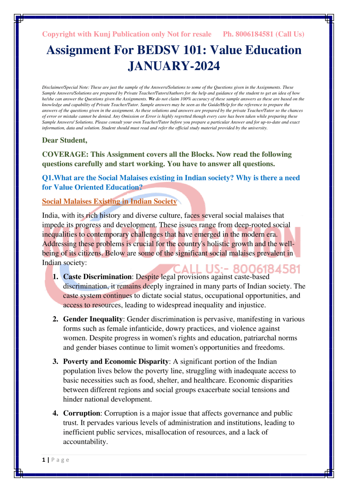 IGNOU BEDSV-101 SOLVED ASSIGNMENT 2024 ENGLISH MEDIUM