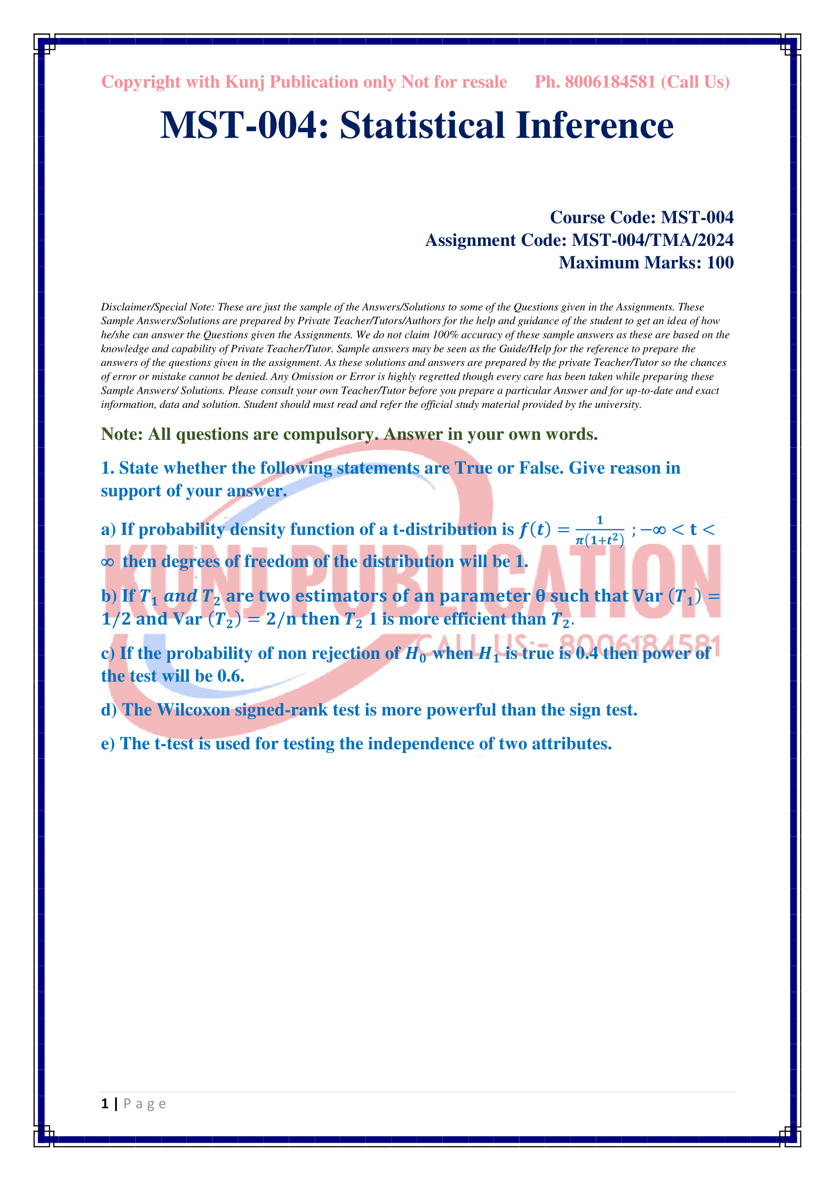 IGNOU MST-004 SOLVED ASSIGNMENT 2024 ENGLISH MEDIUM