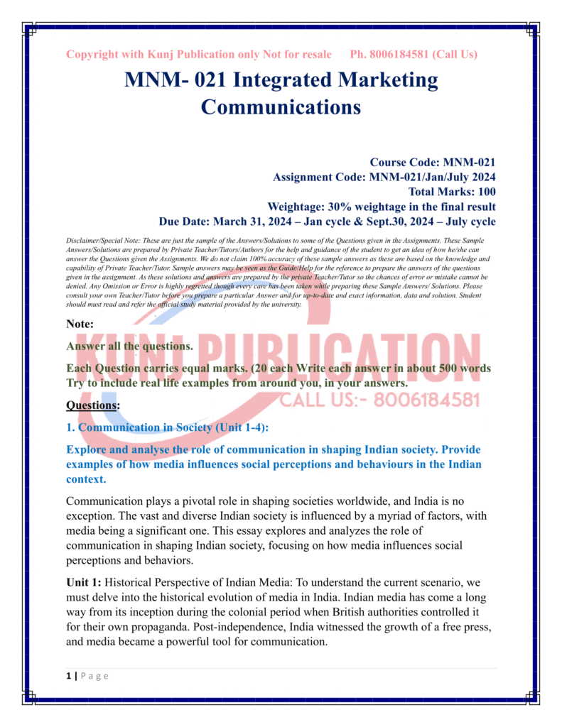 IGNOU MNM-021 SOLVED ASSIGNMENT 2024 ENGLISH MEDIUM