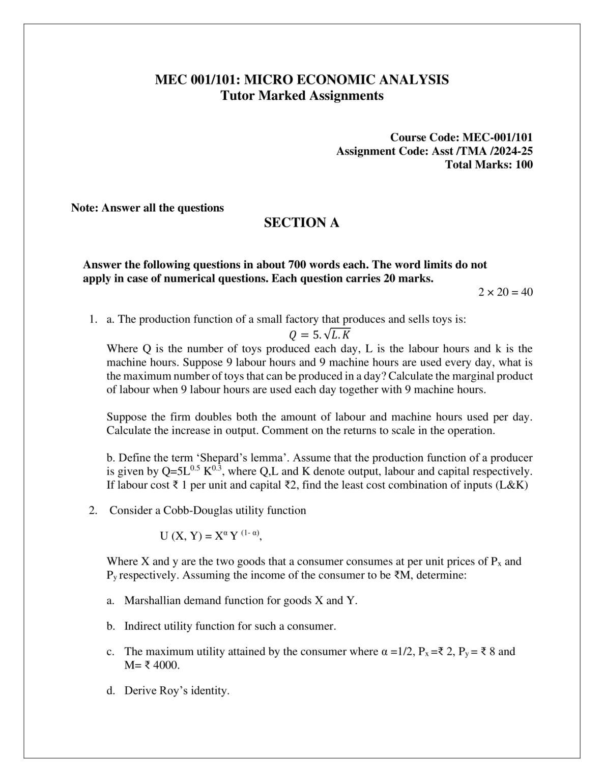 IGNOU MEC-101 SOLVED ASSIGNMENT 2024-25 ENGLISH MEDIUM