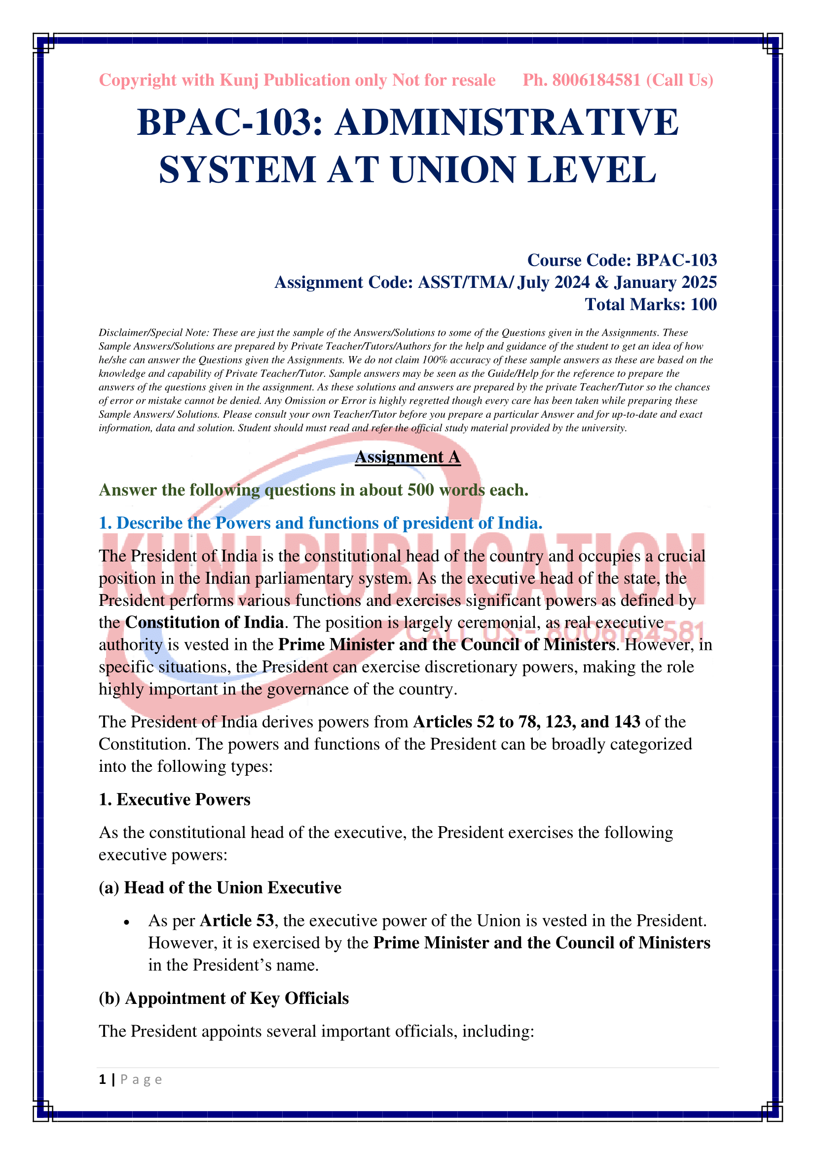 IGNOU BPAC-103 SOLVED ASSIGNMENT 2024-25 ENGLISH MEDIUM