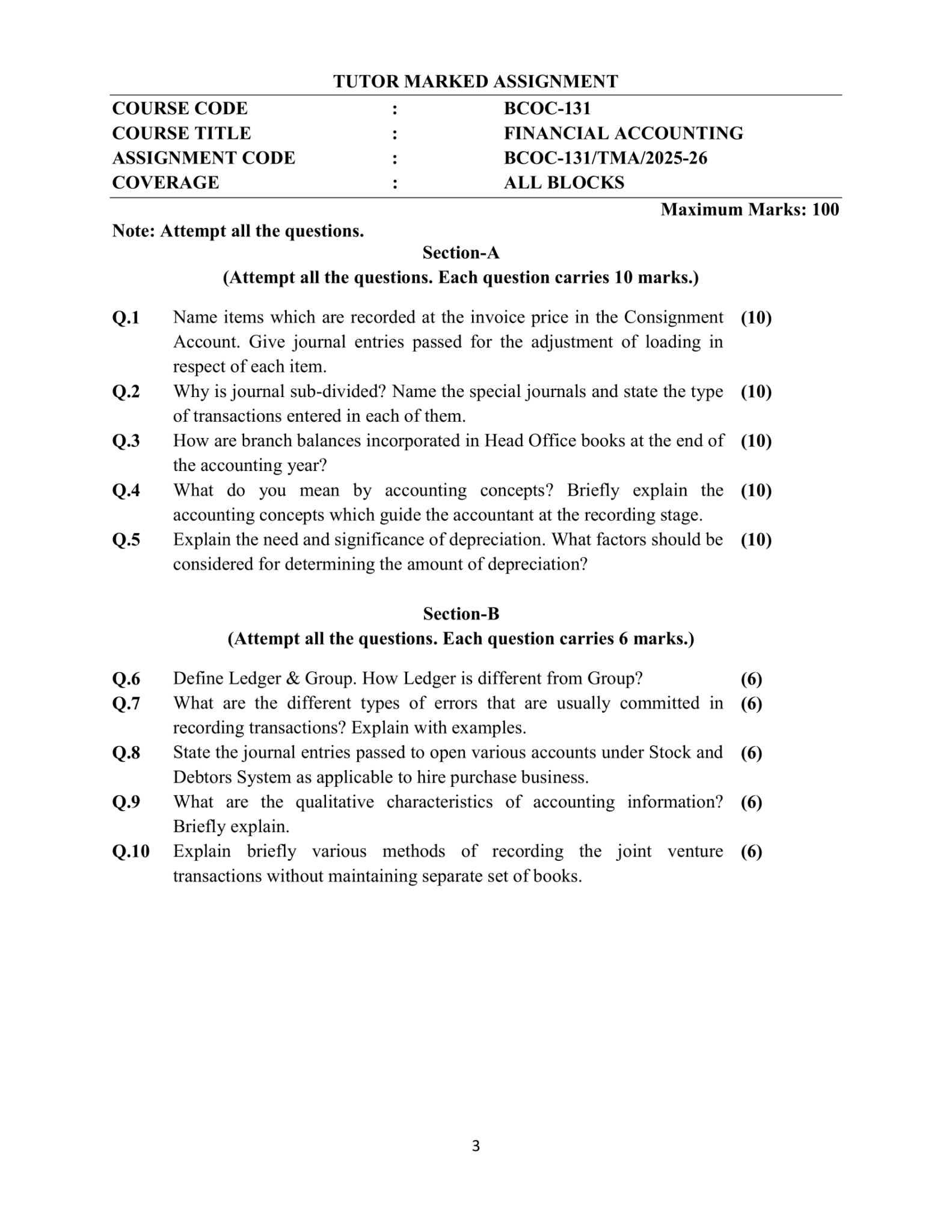 IGNOU BCOC-131 SOLVED ASSIGNMENT 2025-26 ENGLISH MEDIUM