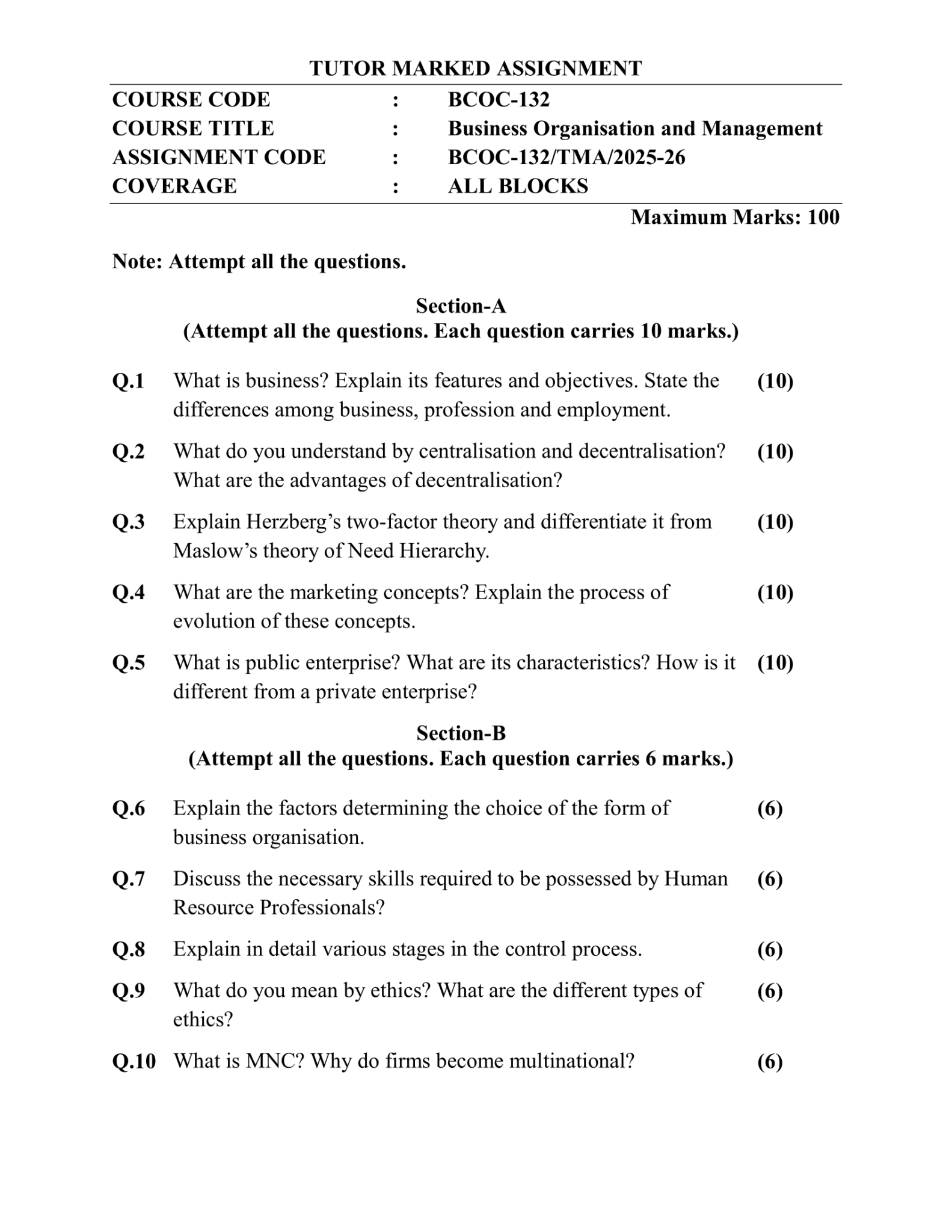 IGNOU BCOC-132 SOLVED ASSIGNMENT 2025-26 ENGLISH MEDIUM