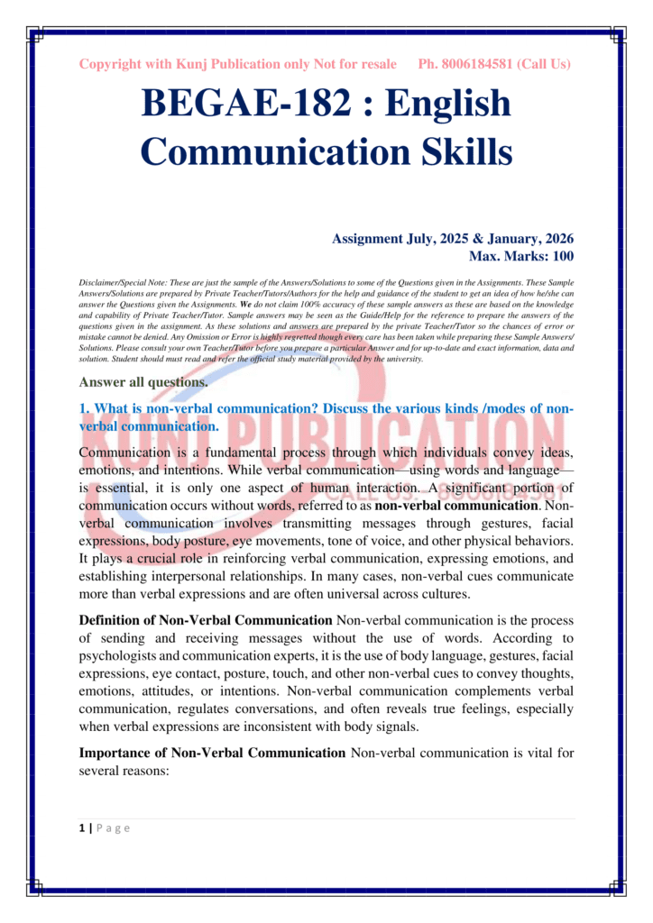 IGNOU BEGAE-182 SOLVED ASSIGNMENT 2025-26 ENGLISH MEDIUM