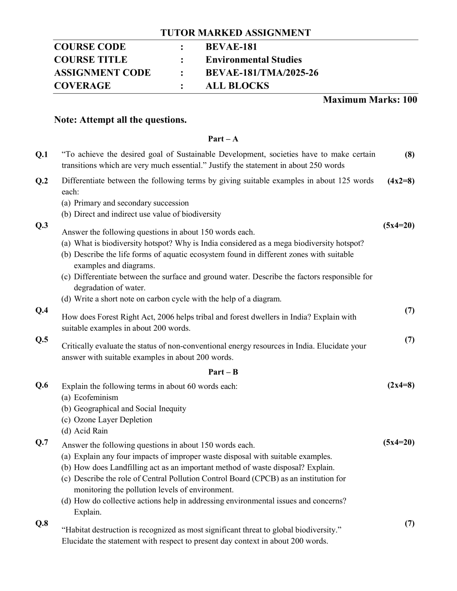 IGNOU BEVAE-181 SOLVED ASSIGNMENT 2025-26 ENGLISH MEDIUM