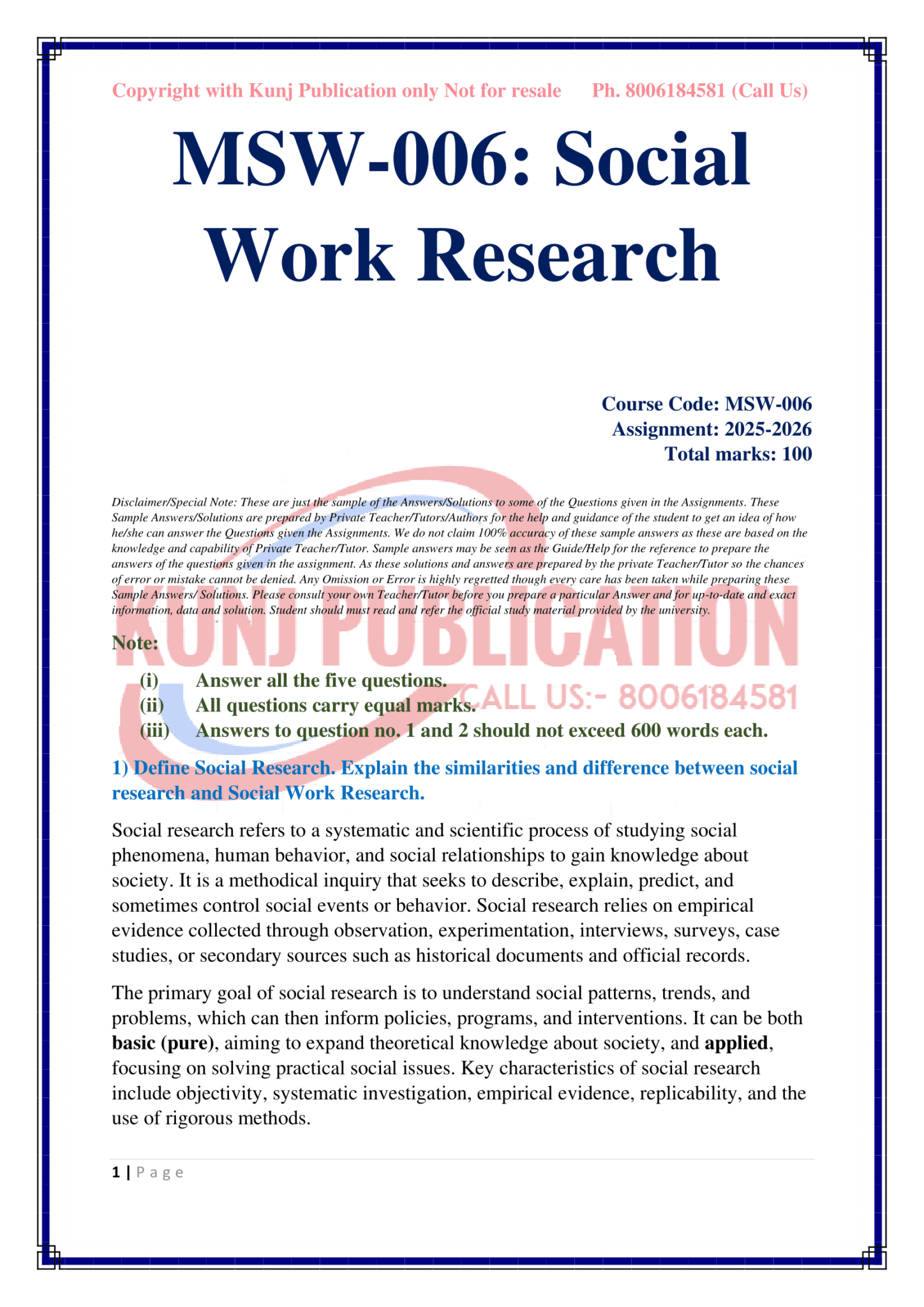 IGNOU MSW-006 SOLVED ASSIGNMENT 2025-26 ENGLISH MEDIUM