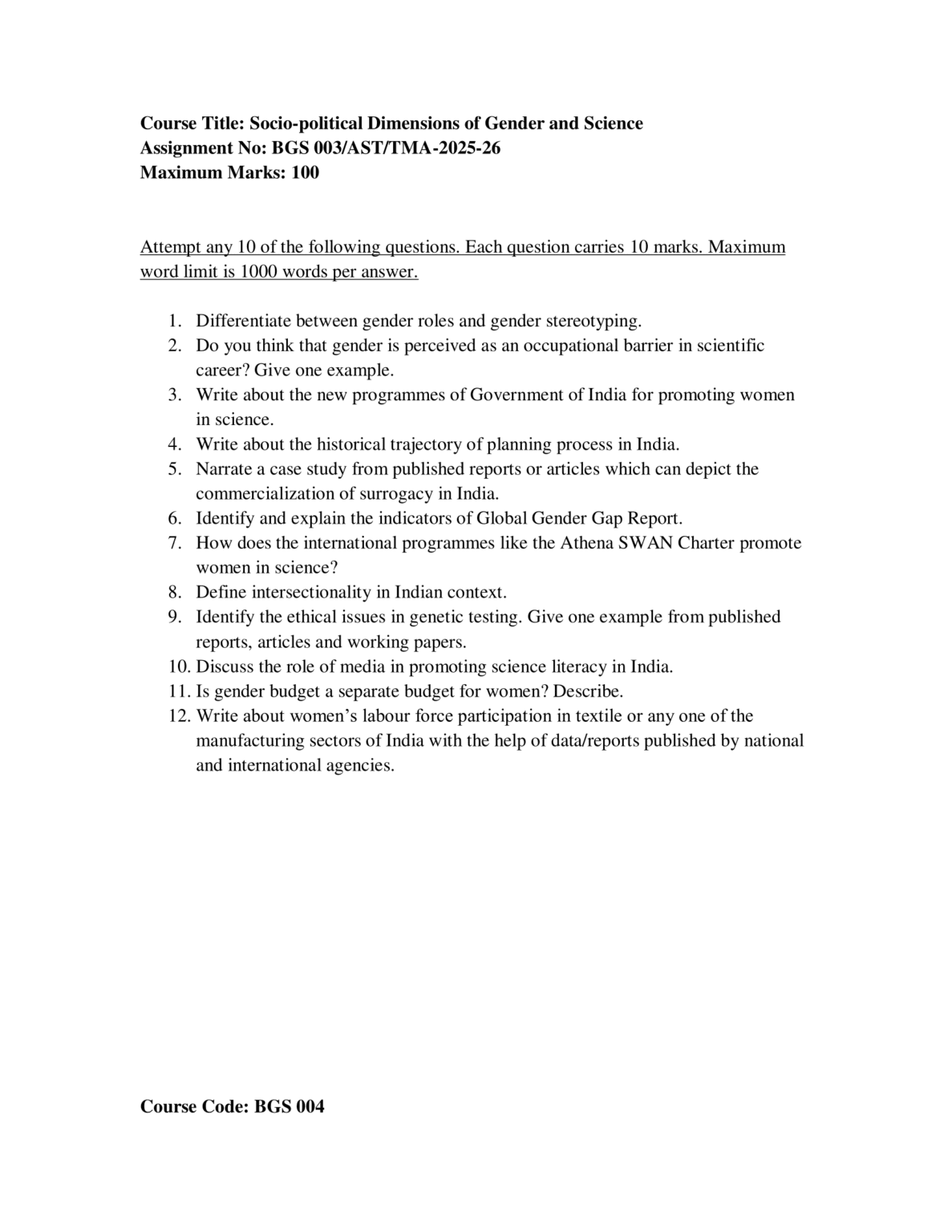 IGNOU BGS-003 SOLVED ASSIGNMENT 2025-26 ENGLISH MEDIUM