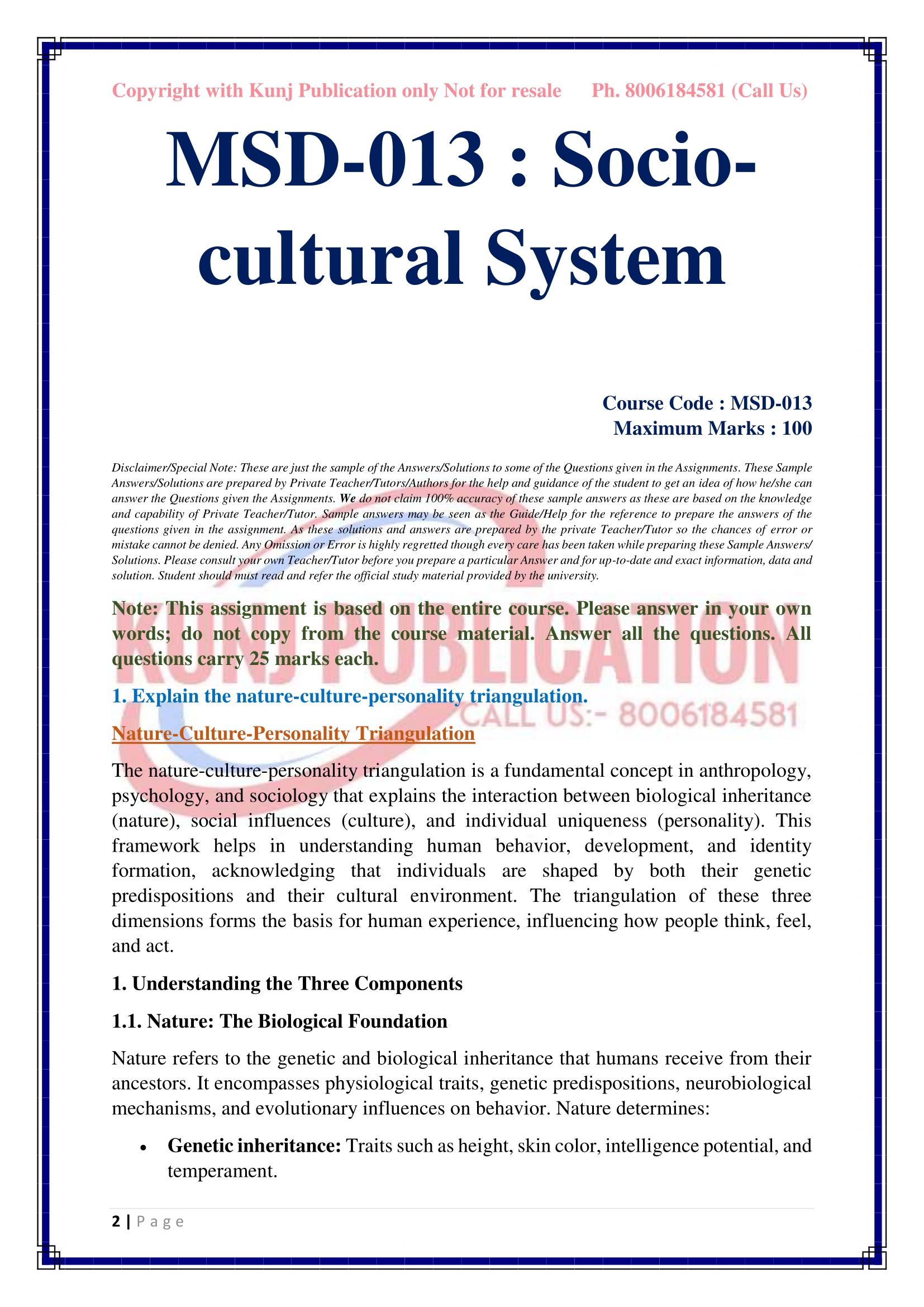 IGNOU MSD-013 SOLVED ASSIGNMENT 2025 ENGLISH MEDIUM