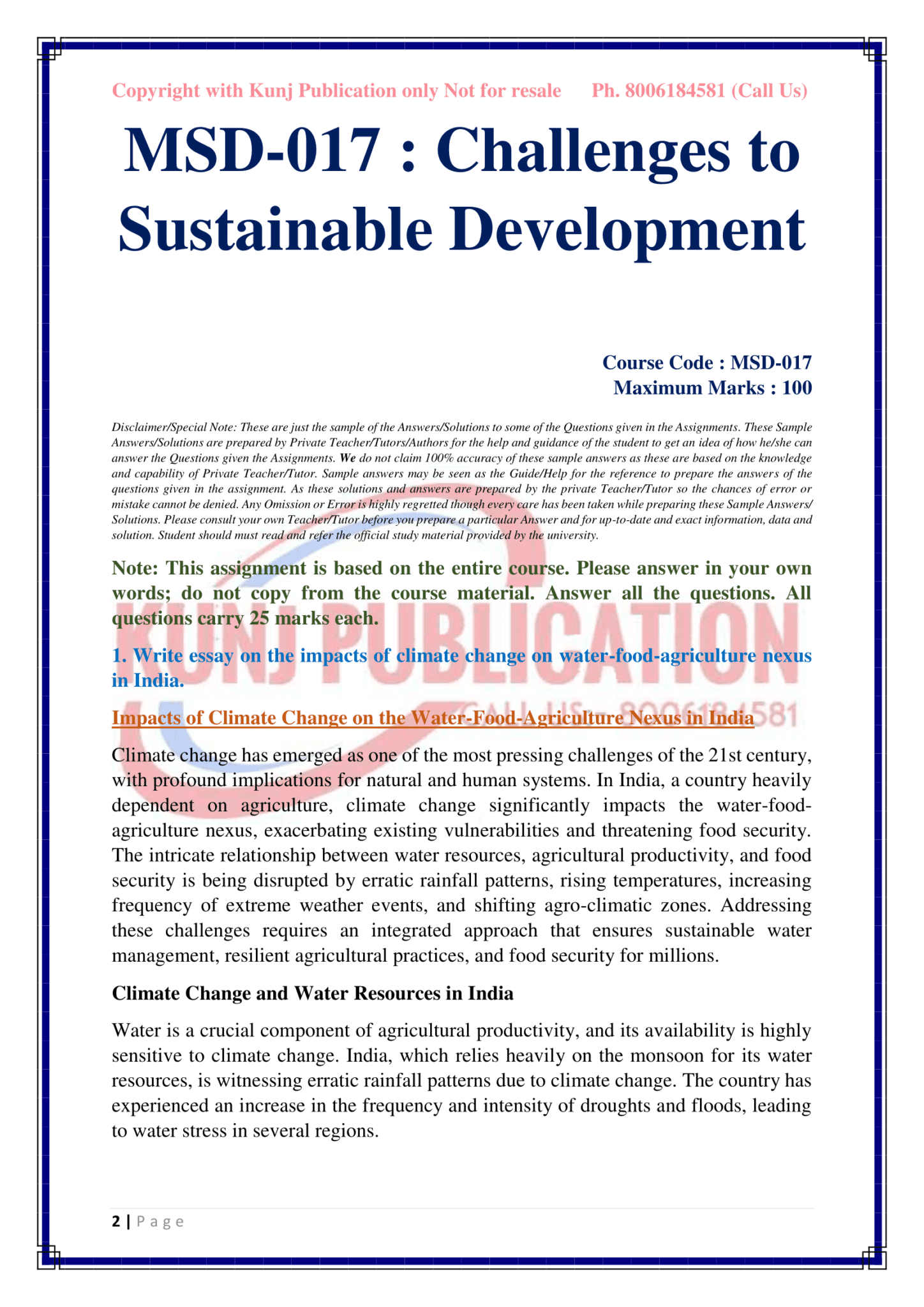 IGNOU MSD-017 SOLVED ASSIGNMENT 2025 ENGLISH MEDIUM