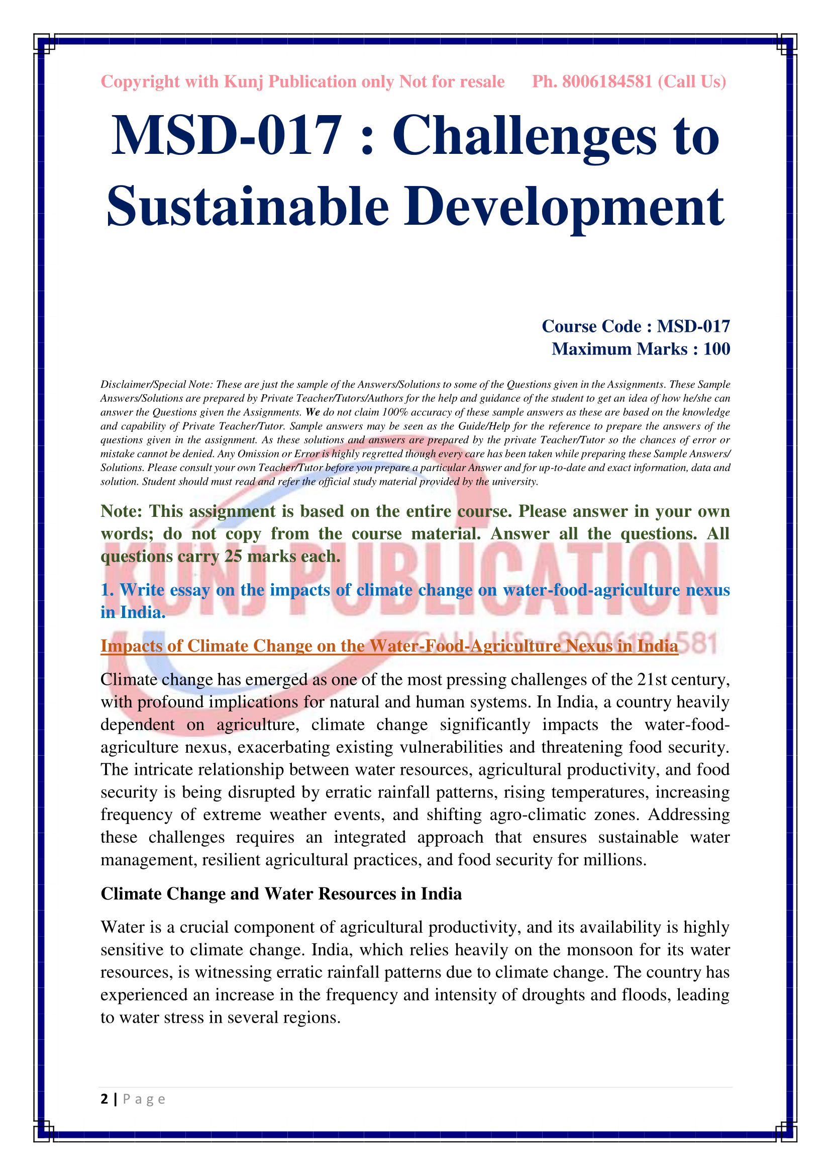 IGNOU MSD-017 SOLVED ASSIGNMENT 2025 ENGLISH MEDIUM