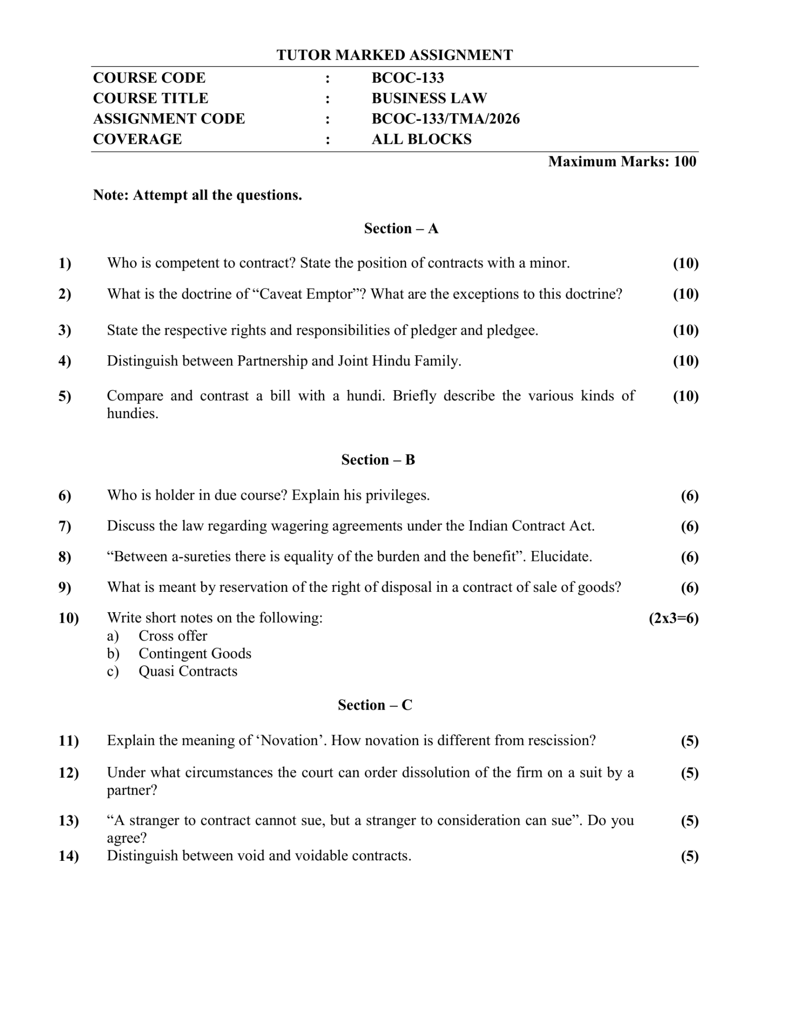 IGNOU BCOC-133 SOLVED ASSIGNMENT 2026 ENGLISH MEDIUM